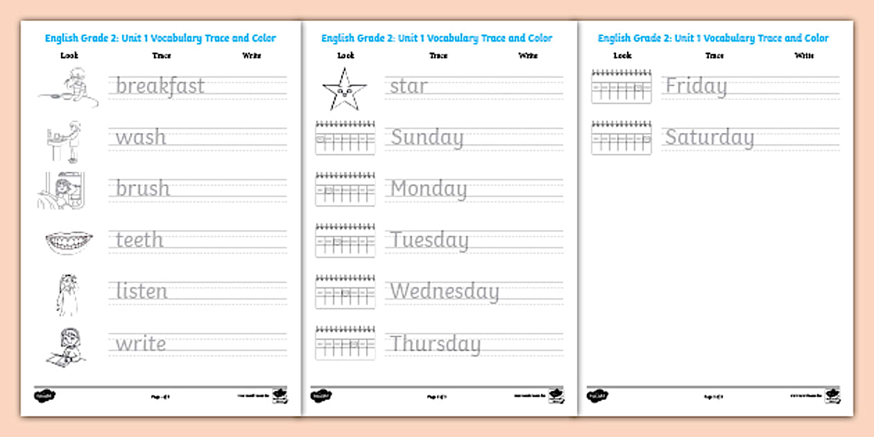 English Grade 2 Unit 1 Vocabulary Trace And Color
