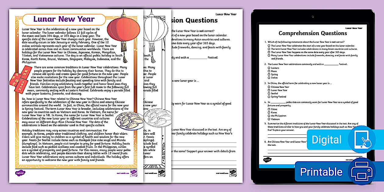 Sixth Grade Lunar New Year Reading Comprehension Worksheet