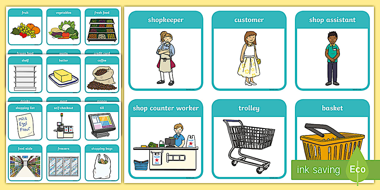 Cursive The Supermarket Aistear Flashcards (teacher made)