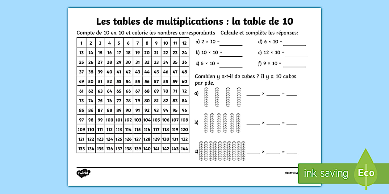 Fiche de calcul: la table de 10 les multiplications Feuille d'activités