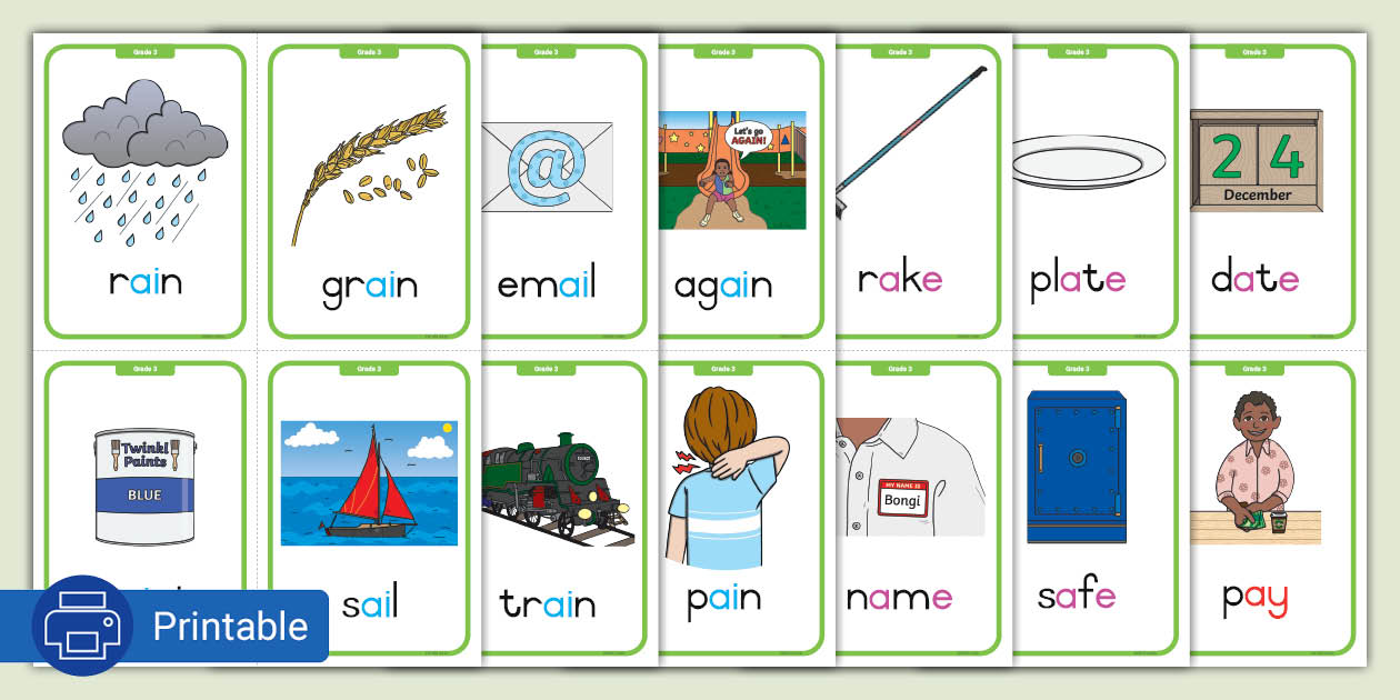Grade 3 Phonics ai a_e ay Flashcards (teacher made) - Twinkl