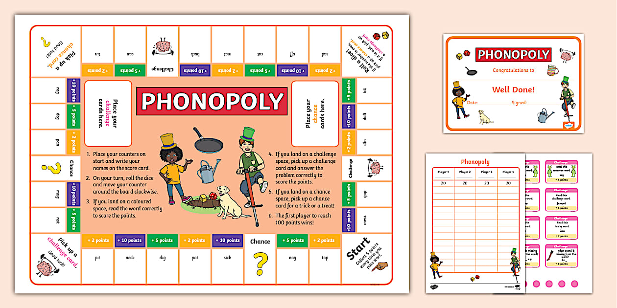 Phase 2 Phonics Phonopoly Board Game (teacher made) - Twinkl