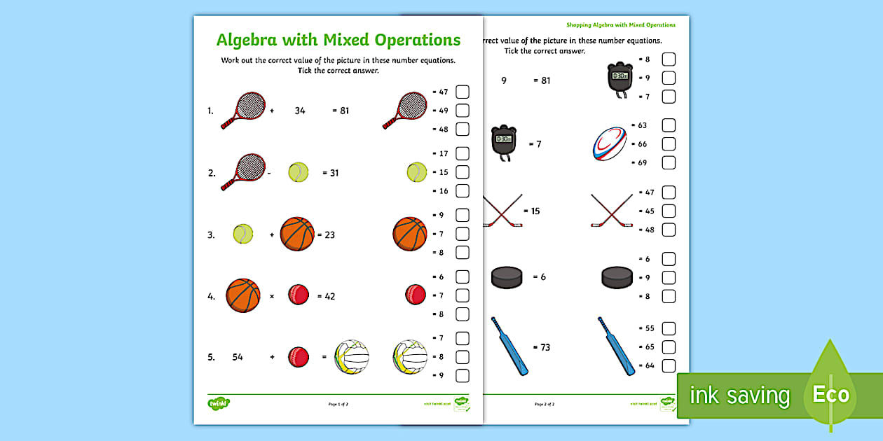 Algebra With Mixed Operations Worksheet (teacher made)