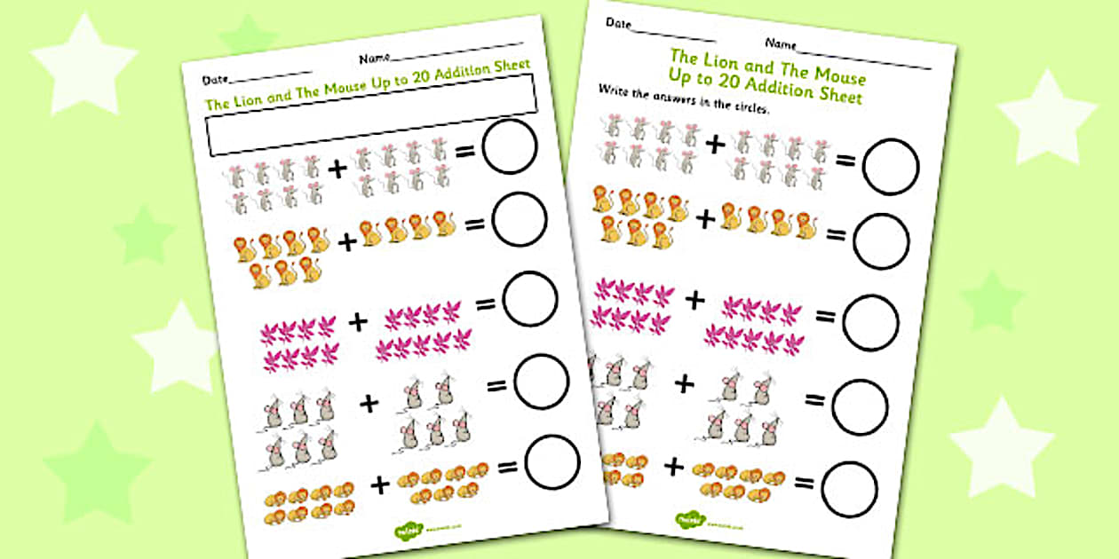 The Lion And The Mouse Up to 20 Addition Sheet - Twinkl