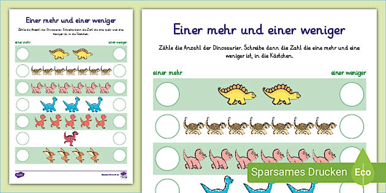 Einer mehr und einer weniger - Arbeitsblatt Dinosaurier