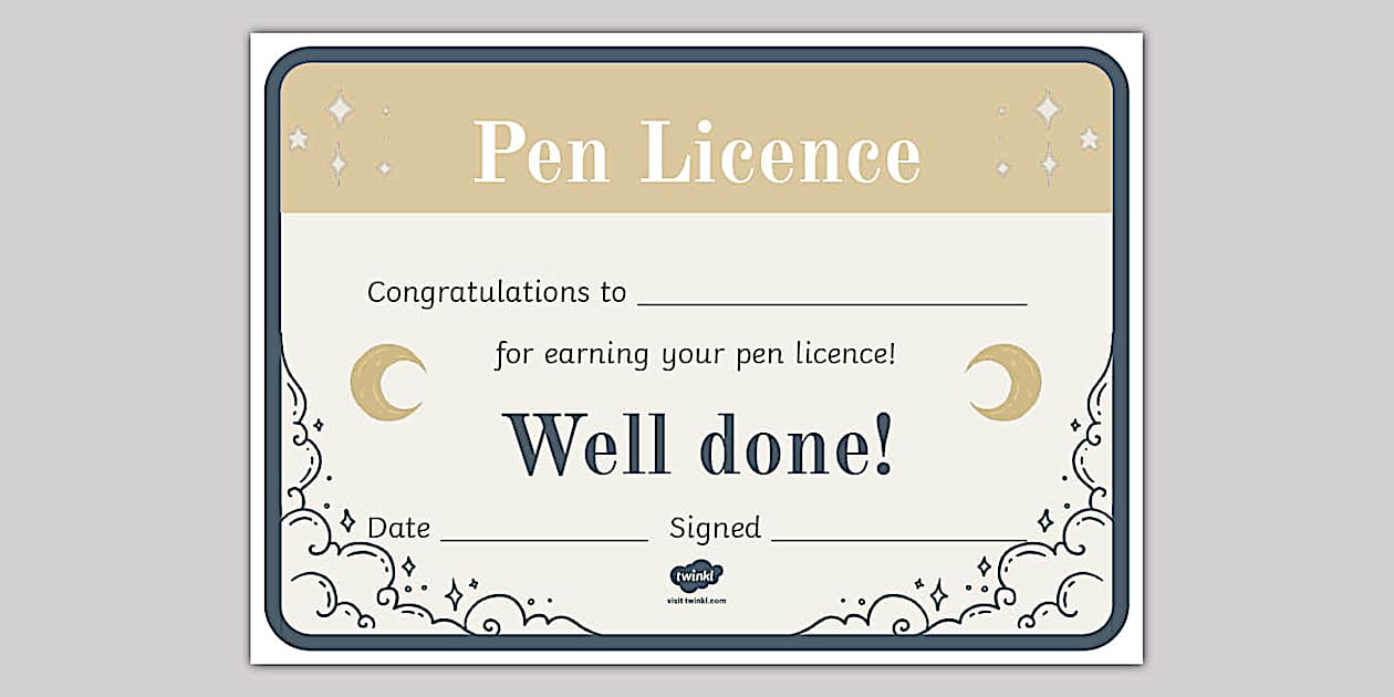 Editable Celestial-Themed Pen Licence Certificate - Twinkl