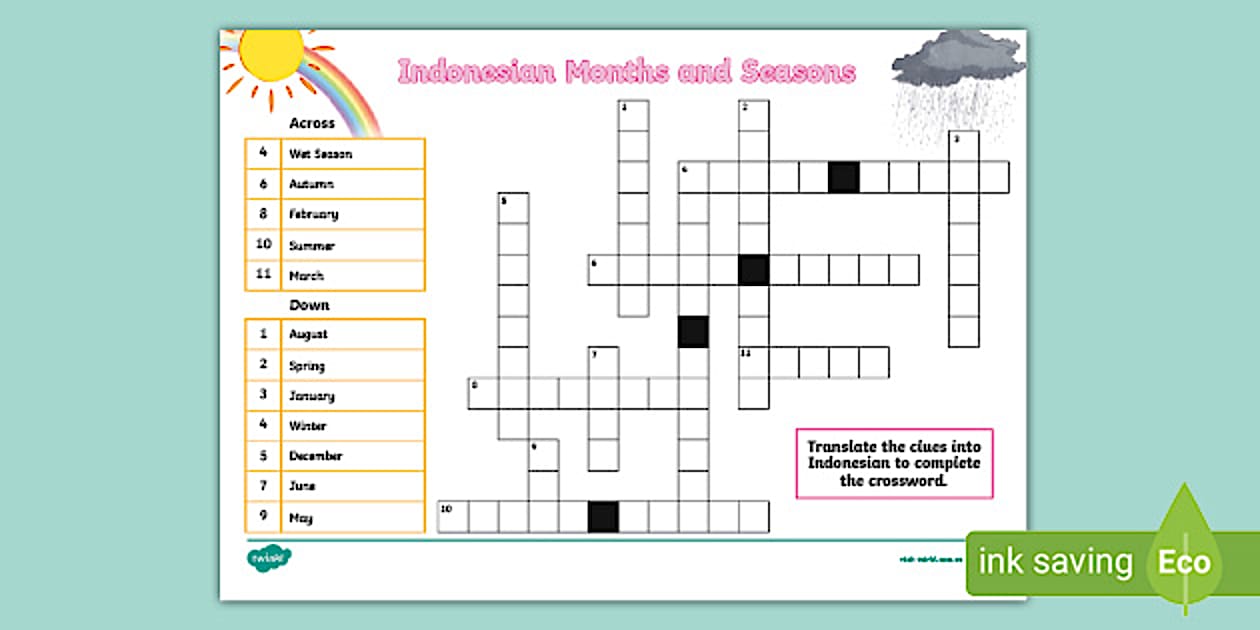 Months and Seasons Crossword Indonesian - Twinkl