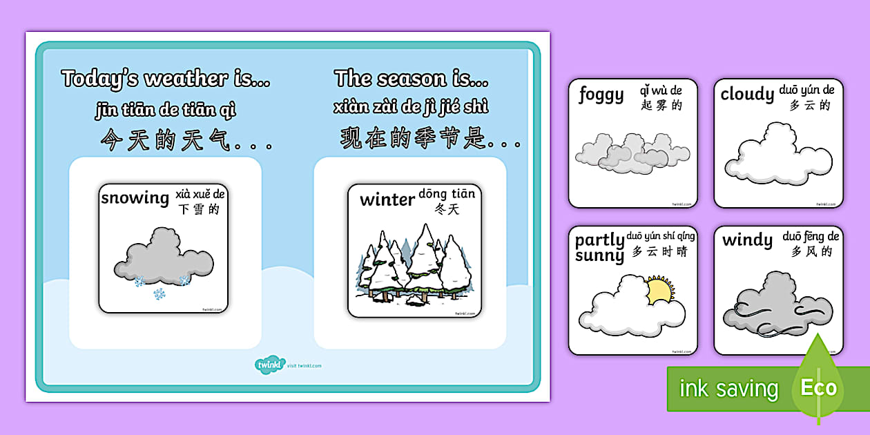 Weather and Season Display Poster English/Mandarin Chinese/Pinyin - Weather