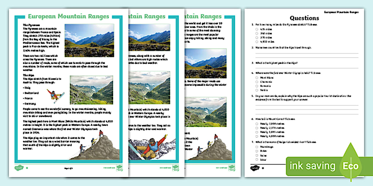 European Mountain Ranges Reading Comprehension Activity - mountains