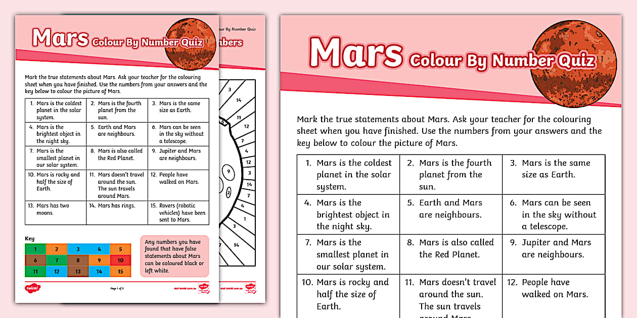 Mars Colour By Number Quiz (teacher made) - Twinkl