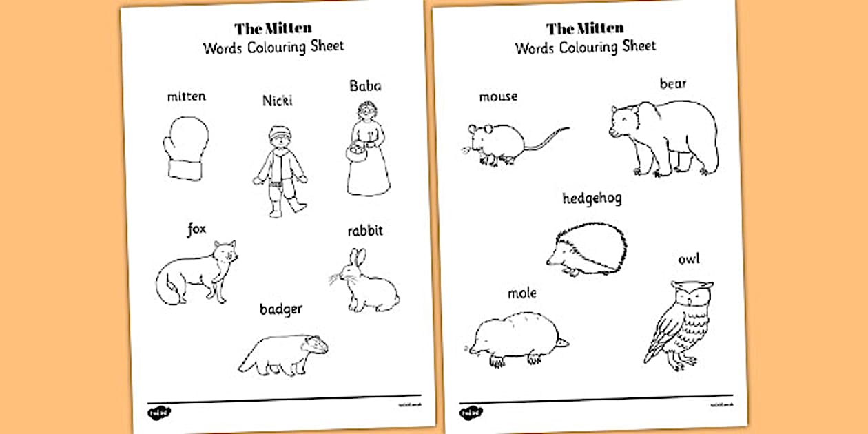 The Mitten Words Coloring Sheet (Teacher-Made) - Twinkl