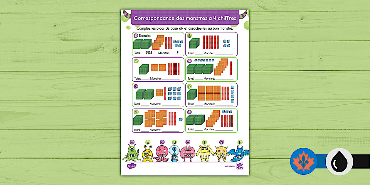 Monster Math Place Value to 1000s Worksheet French - Twinkl