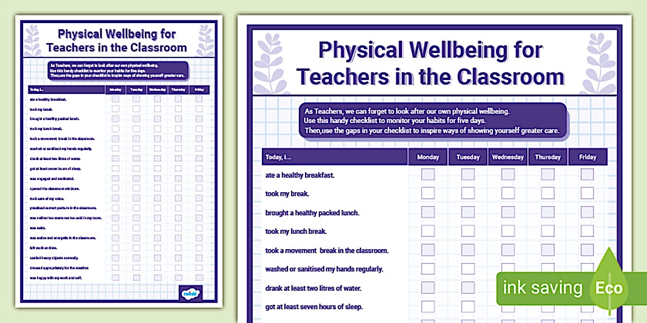 Physical Wellbeing for Teachers Checklist (teacher made)