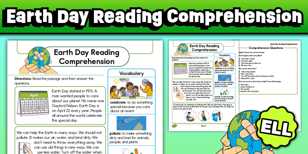 Earth Day Reading Passage Comprehension Worksheet for ELL