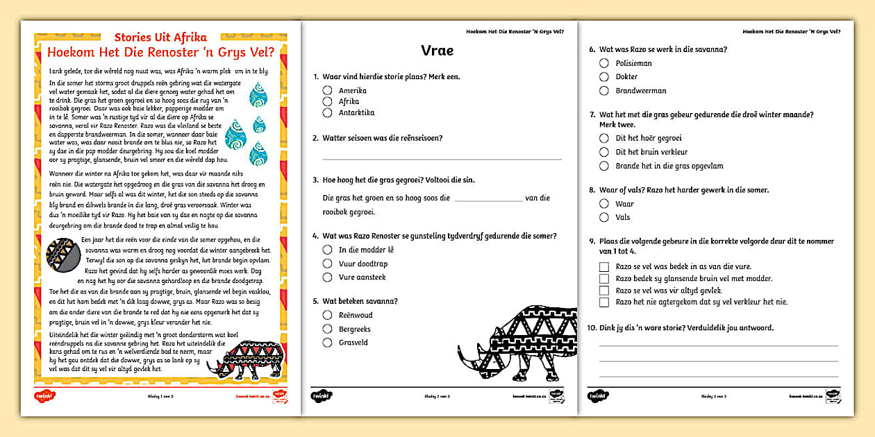 Gr 5 Stories Uit Afrika Hoekom Het Die Renoster 'N Grys Vel?