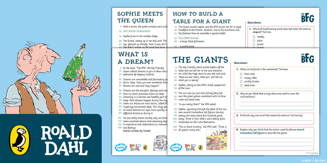 FREE! - The BFG Reading Activities | Roald Dahl | Twinkl Reosources