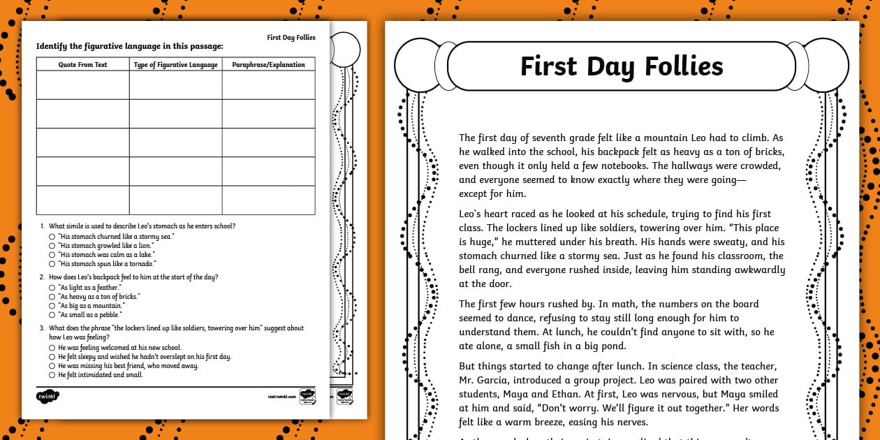 Seventh Gr Figurative Lang Close Read First Day Short Story