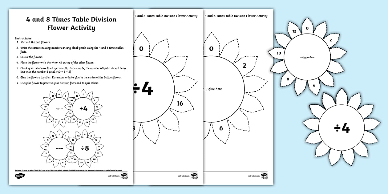 4 and 8 Times Table Division Flower Activity Sheet - Twinkl