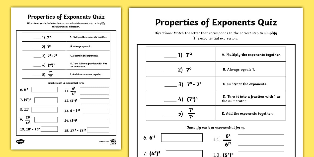 Eighth Grade Properties of Exponents Quiz (teacher made)