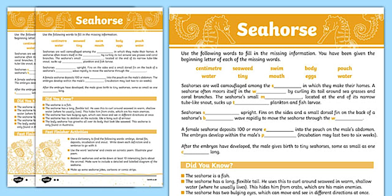 Australian Animals Years 3-6 Seahorse Differentiated Cloze Passage ...