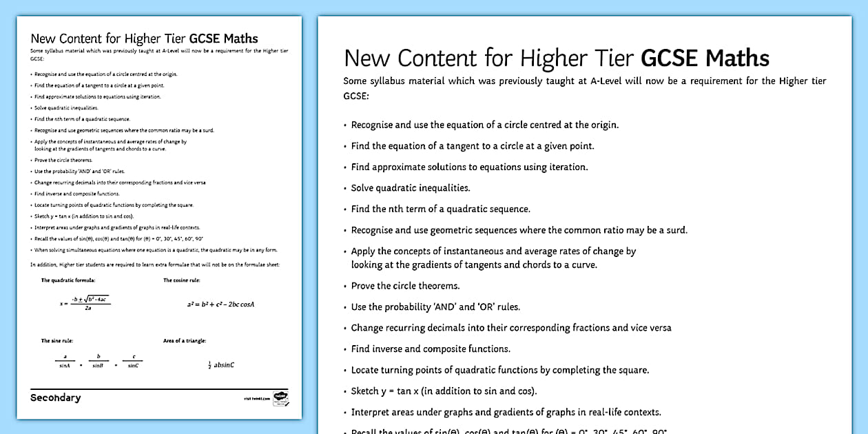 GCSE Maths: Higher Tier New Topics Checklist (teacher made)