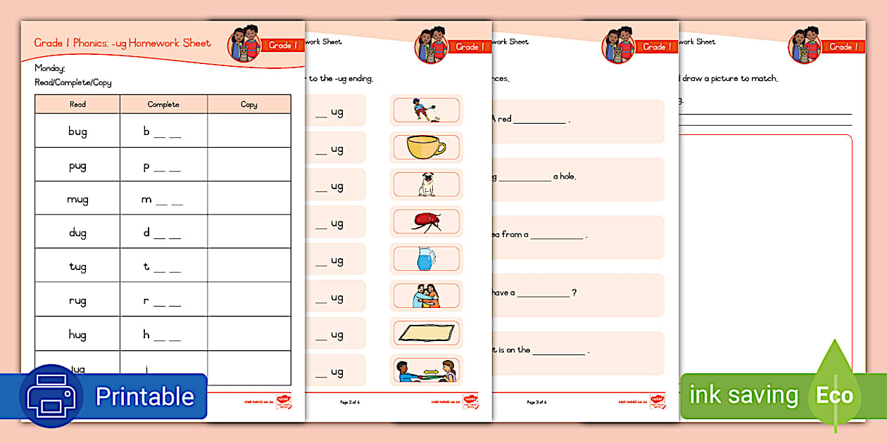 Grade 1 Phonics: -ug Homework Sheet (teacher made) - Twinkl