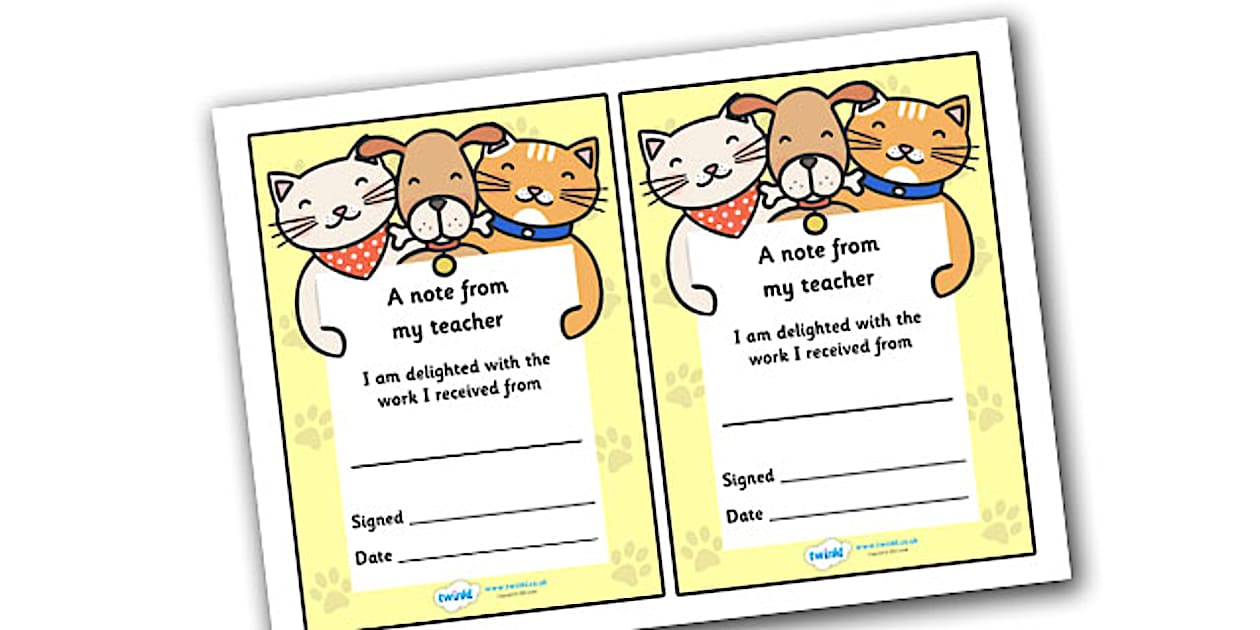 Note From Teacher Delighted With Work (Cat Dog Themed)