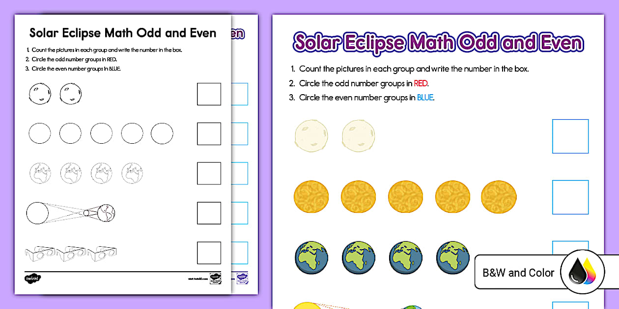 Solar Eclipse Math Odd and Even Worksheet for K-2nd Grade