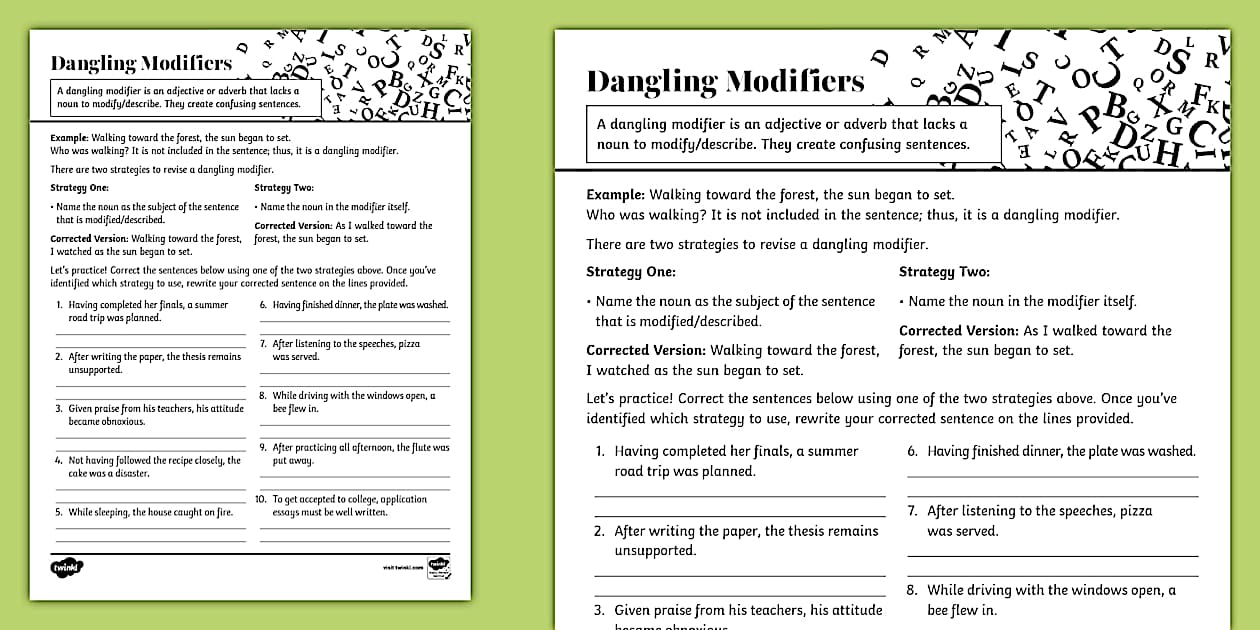 Identifying Dangling Modifiers Practice for 6th-8th Grade