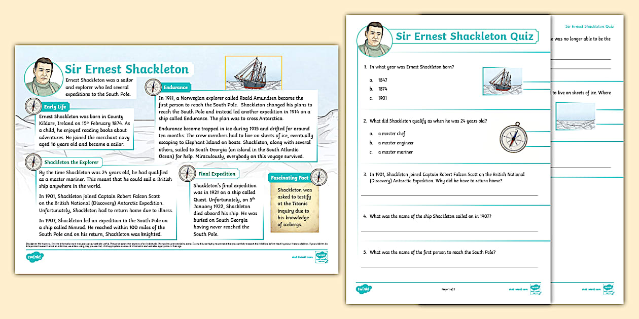 KS2 Ernest Shackleton Fact File and Quiz - KS2 - Twinkl