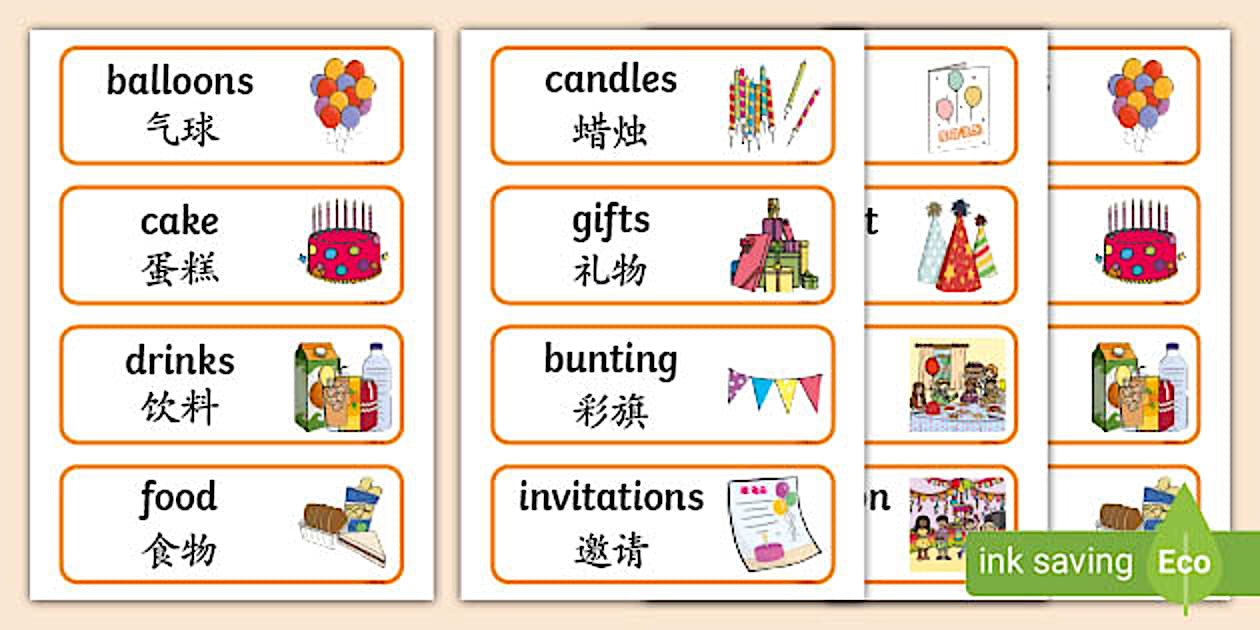 Birthday Topic Word Cards - English/Mandarin Chinese