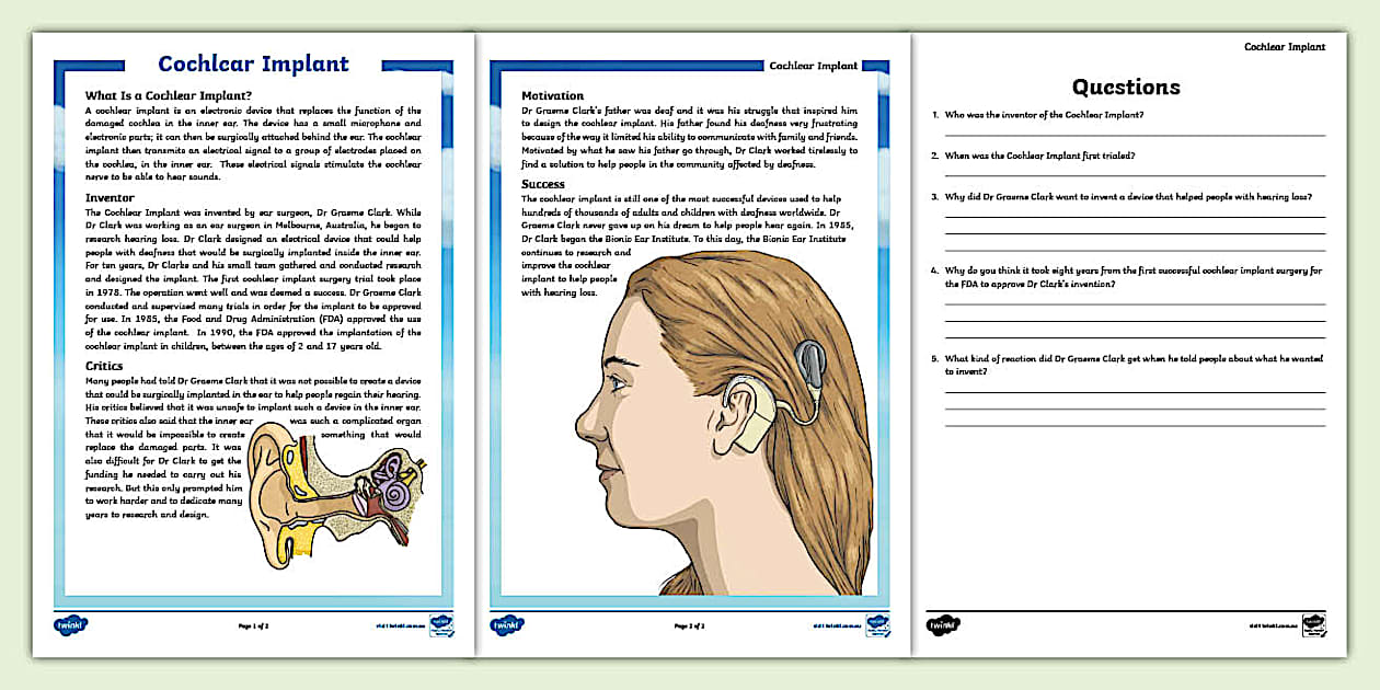 Invention of the Cochlear Implant Worksheet (teacher made)
