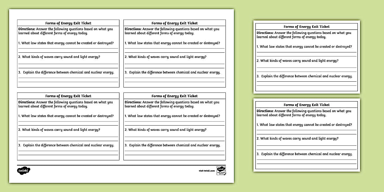 Sixth Grade Forms of Energy Science Exit Ticket - Twinkl