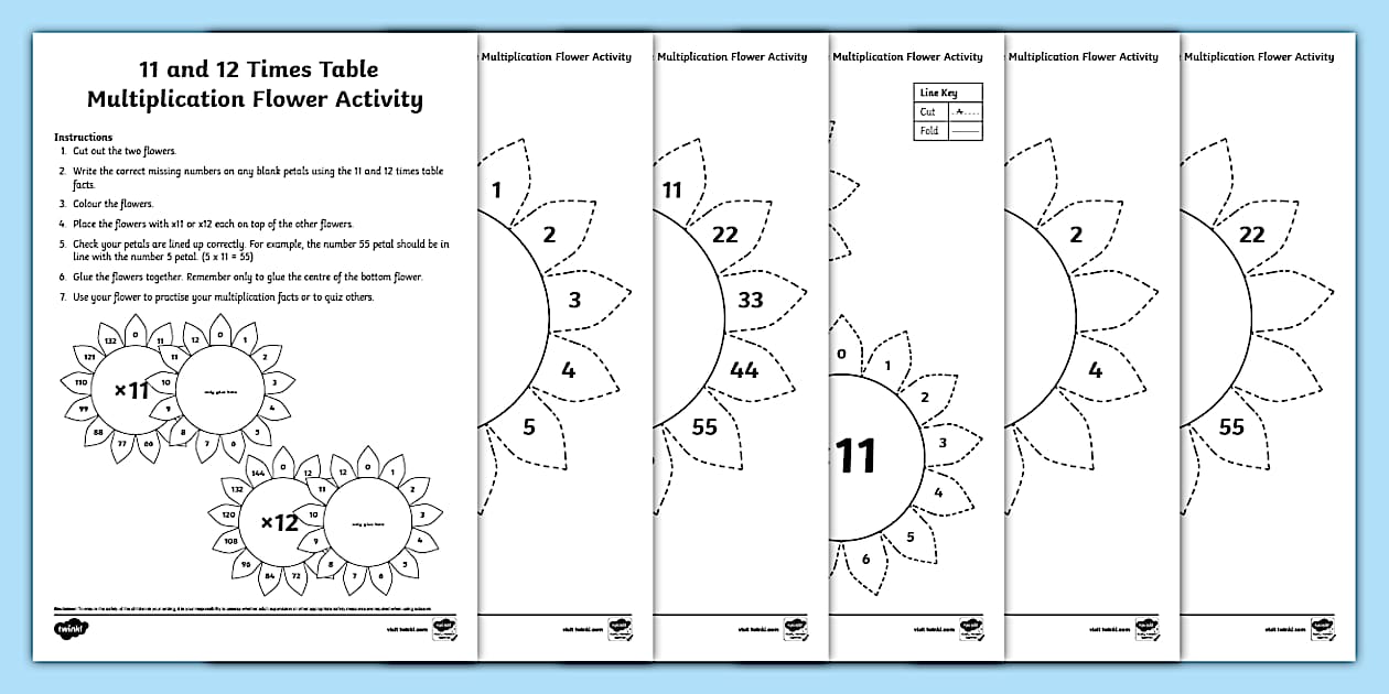 11 and 12 Times Table Multiplication Flower Activity Sheet