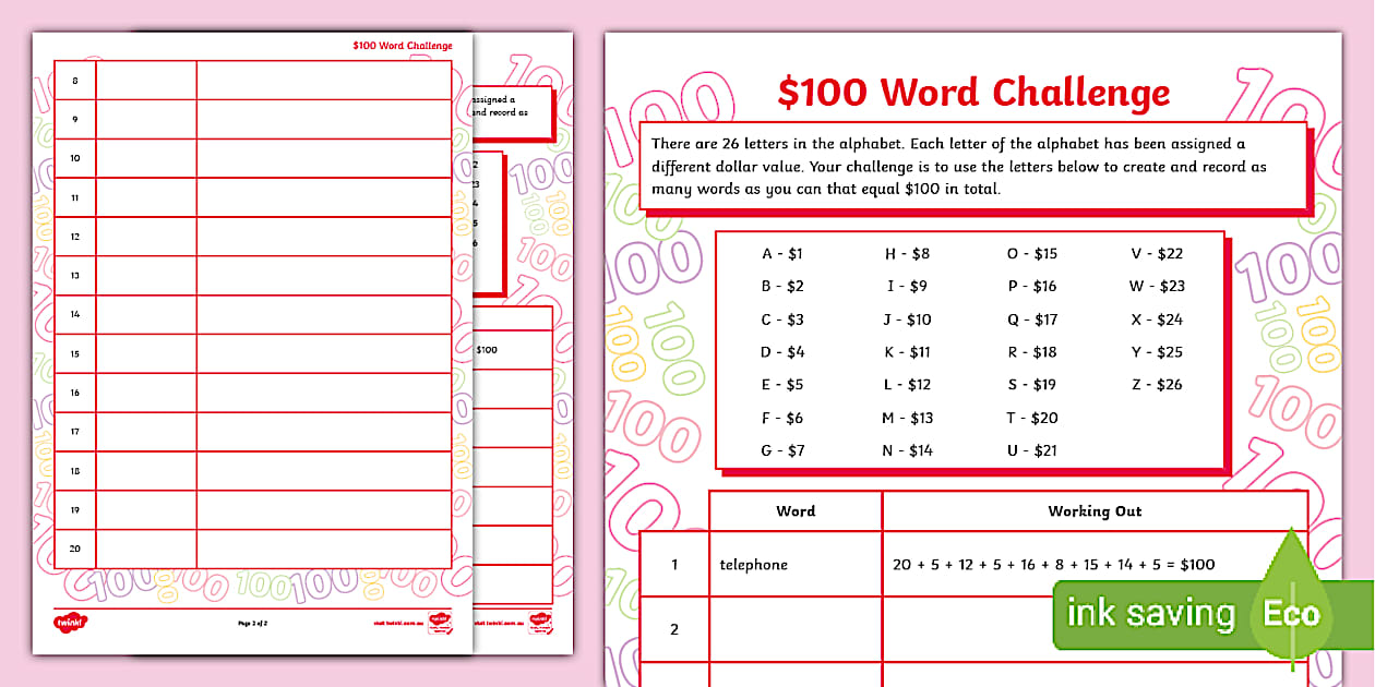 $100 Word Challenge Activity | 100 Days of School | Twinkl