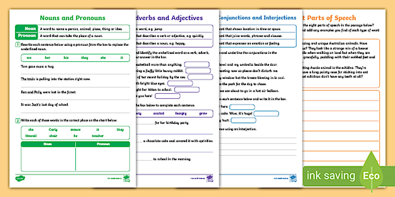 Eight Parts of Speech Worksheets (teacher made) - Twinkl