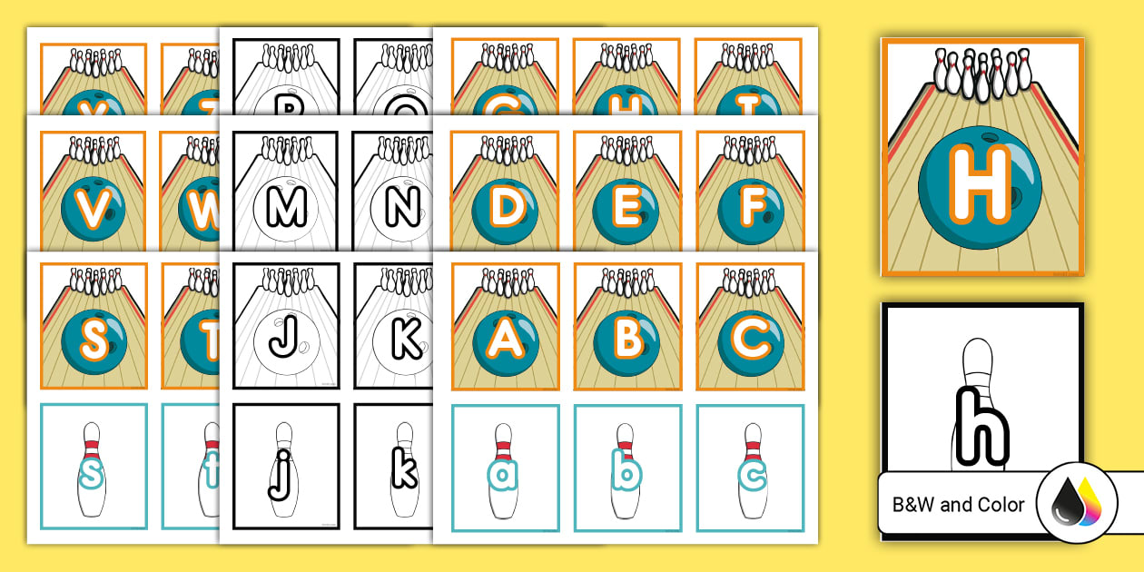 Bowling Uppercase and Lowercase Letter Matching Cards for PreK-K