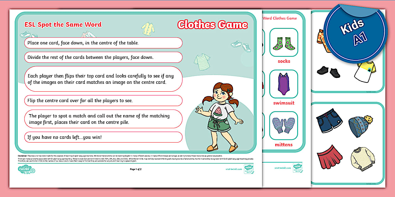 ESL Spot the Same Word - Clothes Game (teacher made)