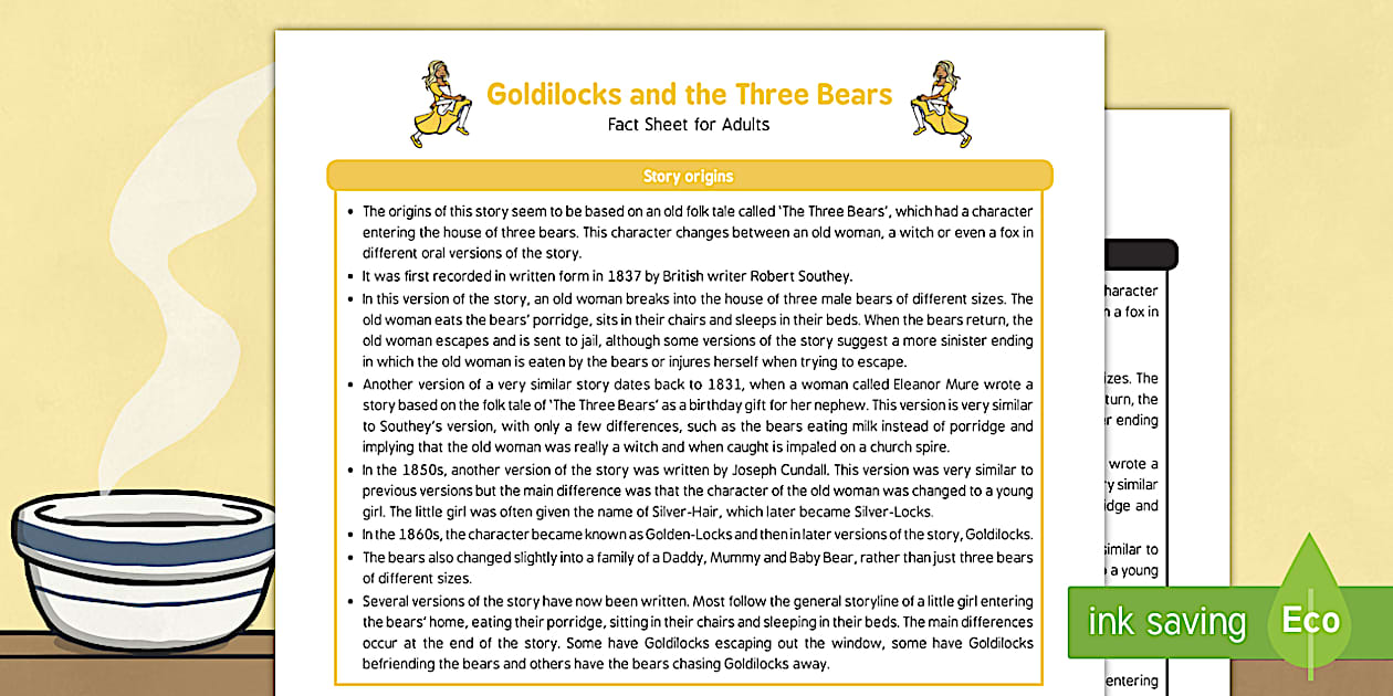 Goldilocks and the Three Bears Fact Sheet for Adults