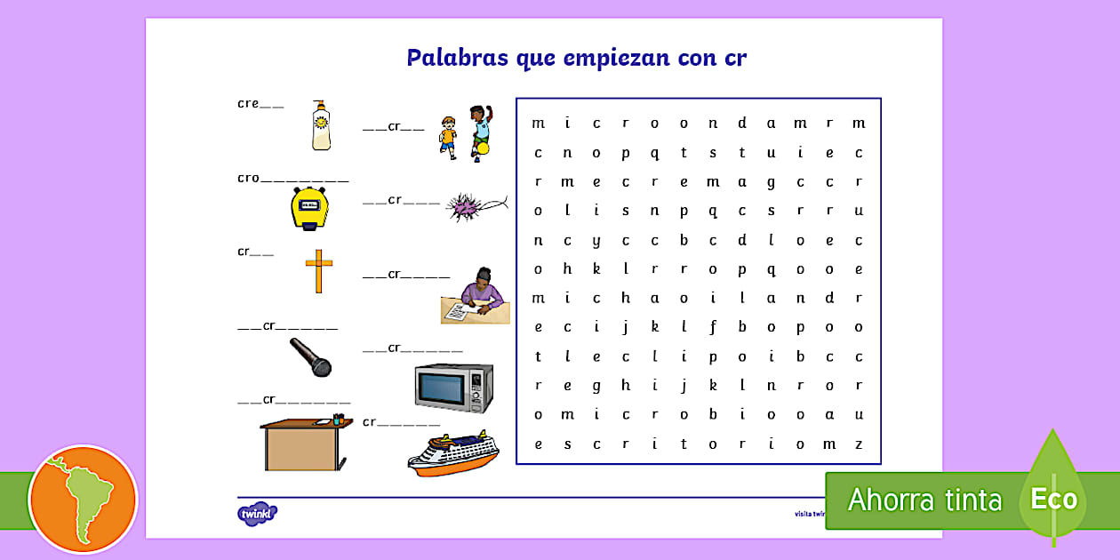 Sopa de letras: Palabras con CR- Guía de trabajo - Twinkl