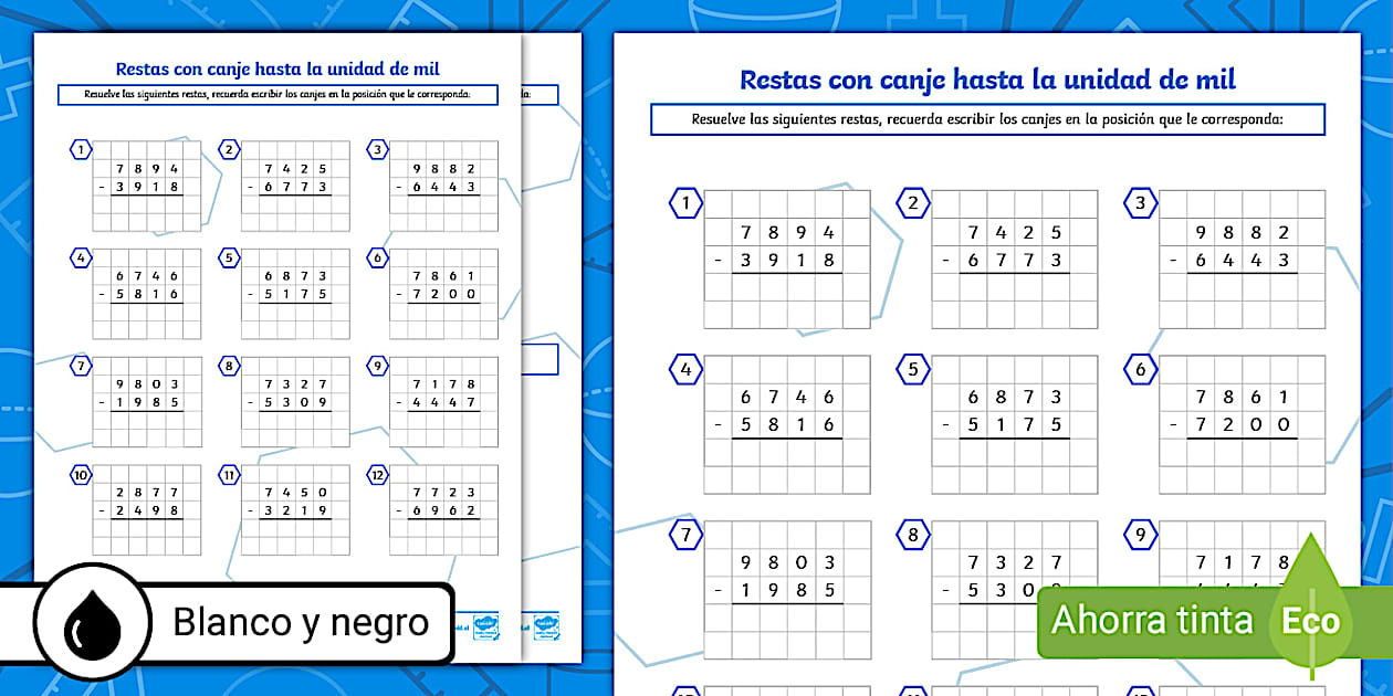 Guía de Trabajo Restas con Canje hasta la Unidad de Mil