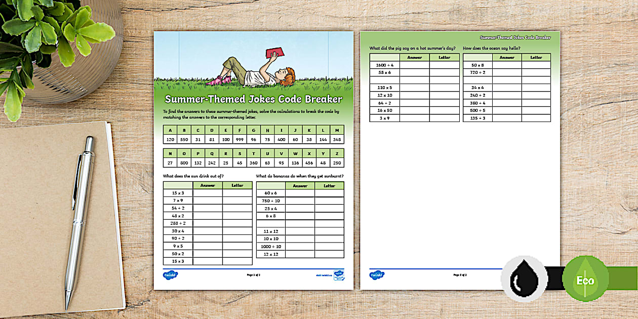 Summer-Themed Jokes Multiplication and Division Code Breaker
