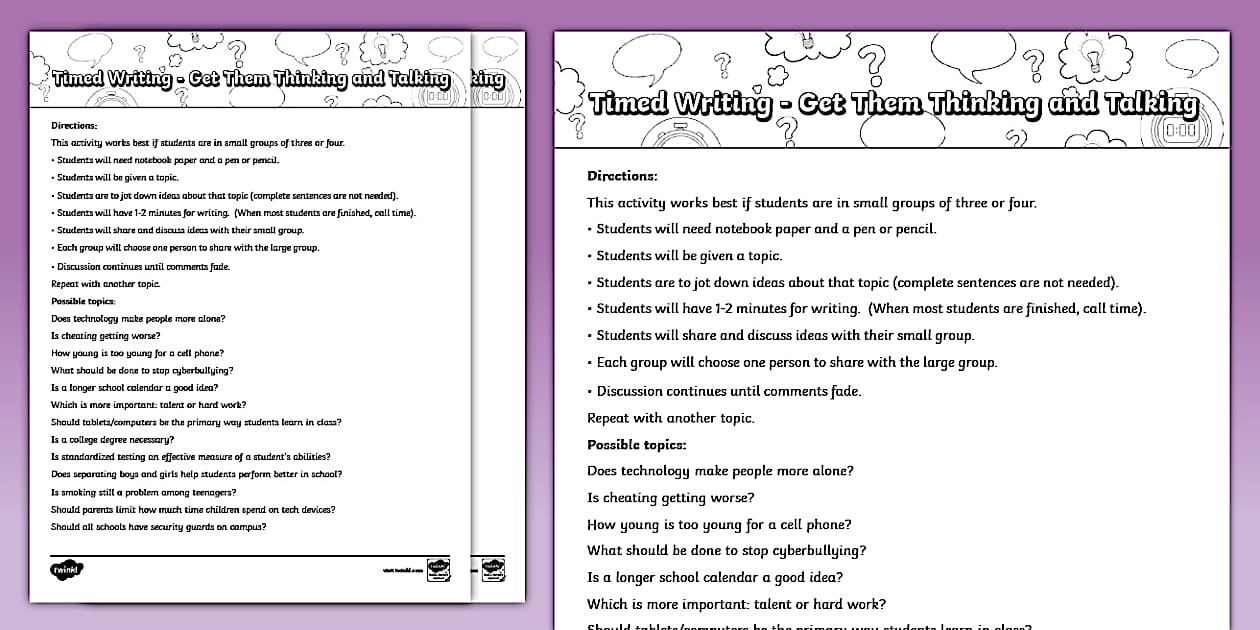 Eighth Grade Timed Writing Worksheet - Get Them Thinking and Talking