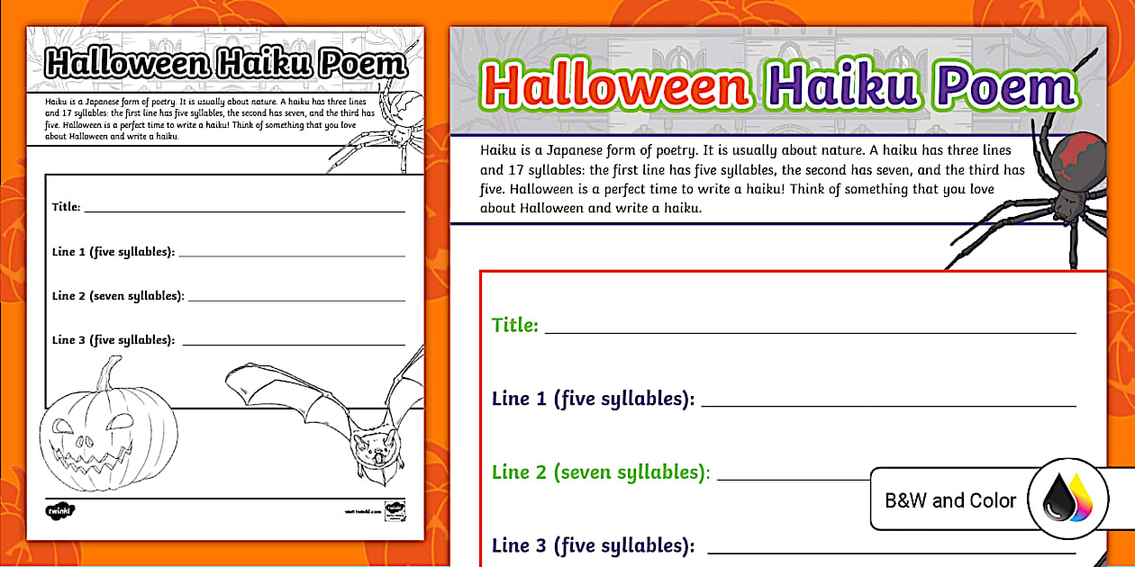 Halloween Haiku Poem Writing Worksheet for 3rd-5th Grade