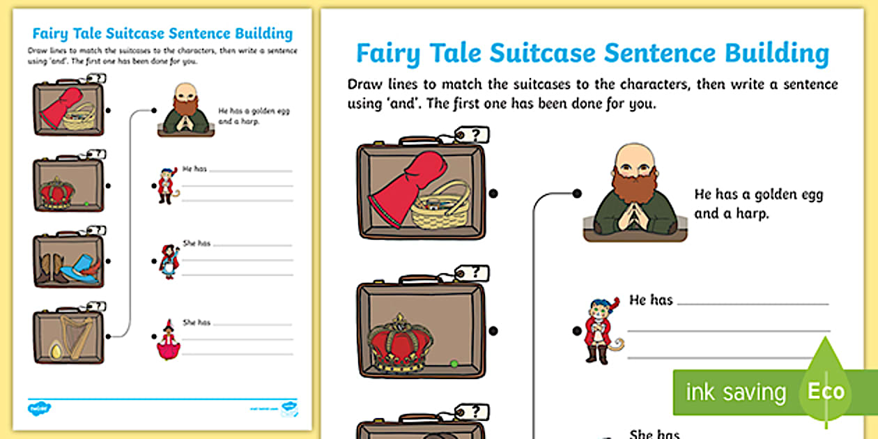 Fairy Tale Suitcase Sentence Building Worksheet - Twinkl