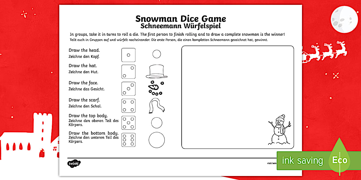 Snowman Dice Game Worksheet / Worksheet English/German