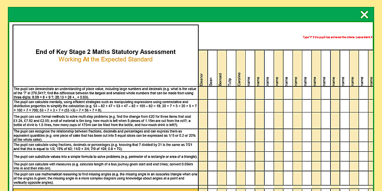 KS2 Maths Exemplification Whole Class Spreadsheet - Twinkl