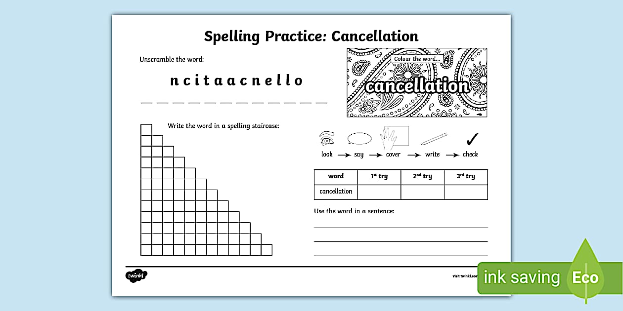 Cancellation Spelling Practice Worksheet - Twinkl