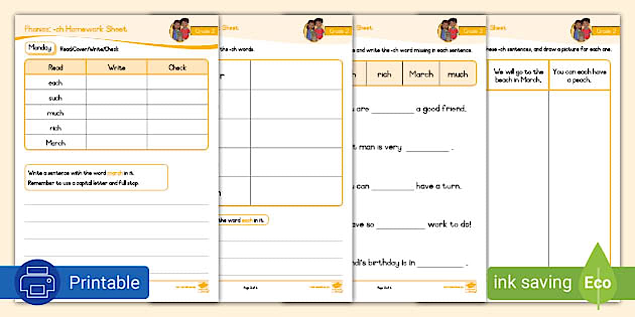 Grade 2 Phonics: -ch Homework Sheet (teacher made) - Twinkl