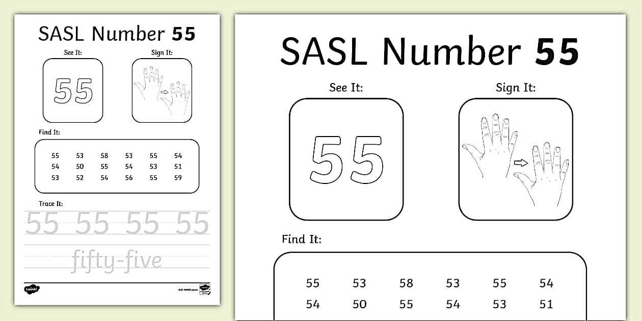 SASL Number 55 Activity Worksheet (teacher made) - Twinkl